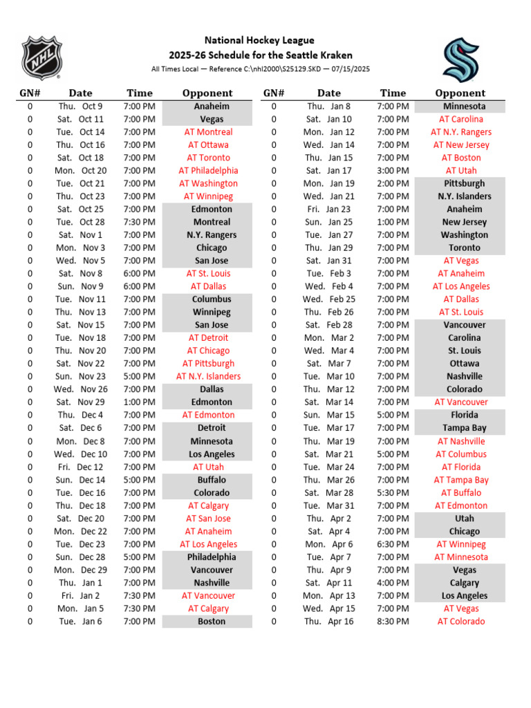 Official Seattle Kraken 2025-26 Schedule | PDF | National Hockey League ...
