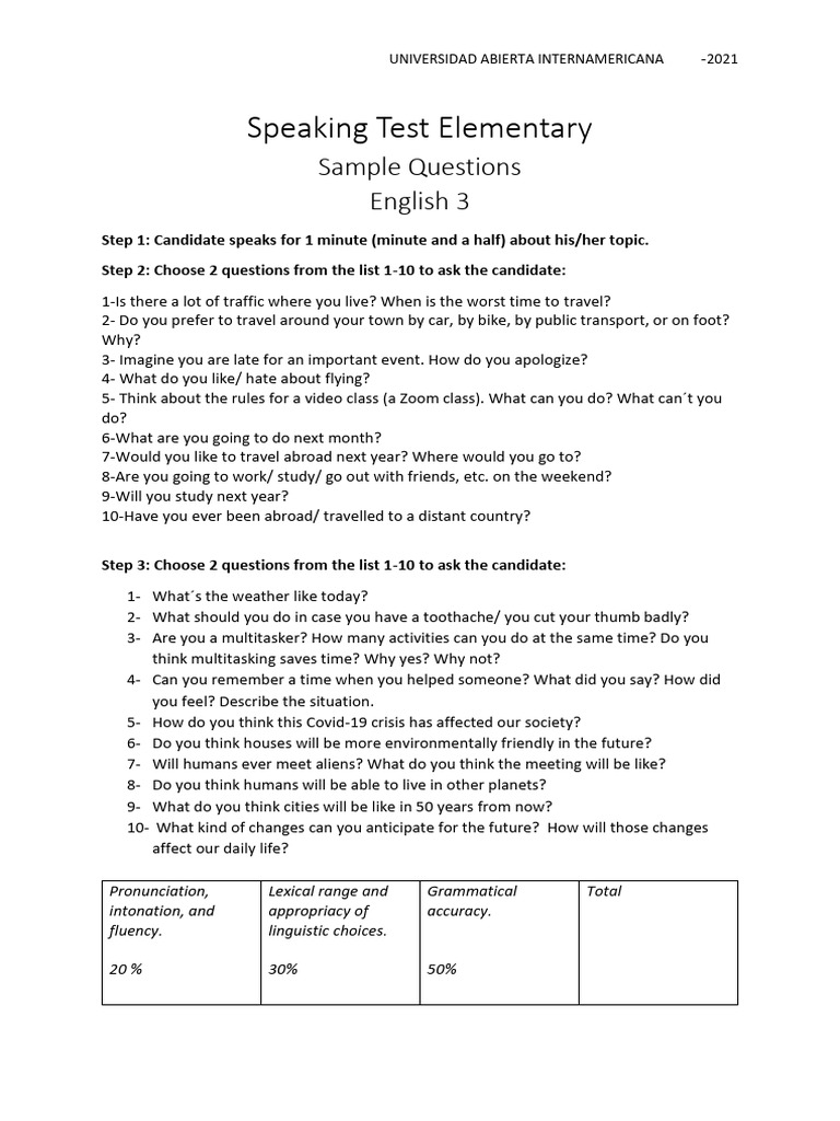 Speaking Test Questions for English 3 | PDF | Syntax | Grammar