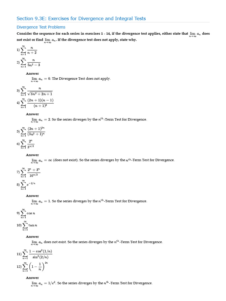 Exercises For Divergence and Integral Tests | PDF | Mathematical ...