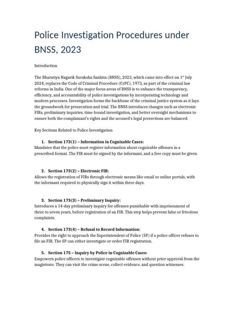 Police Investigation Procedures BNSS 2023 | PDF | Police | Legal Procedure