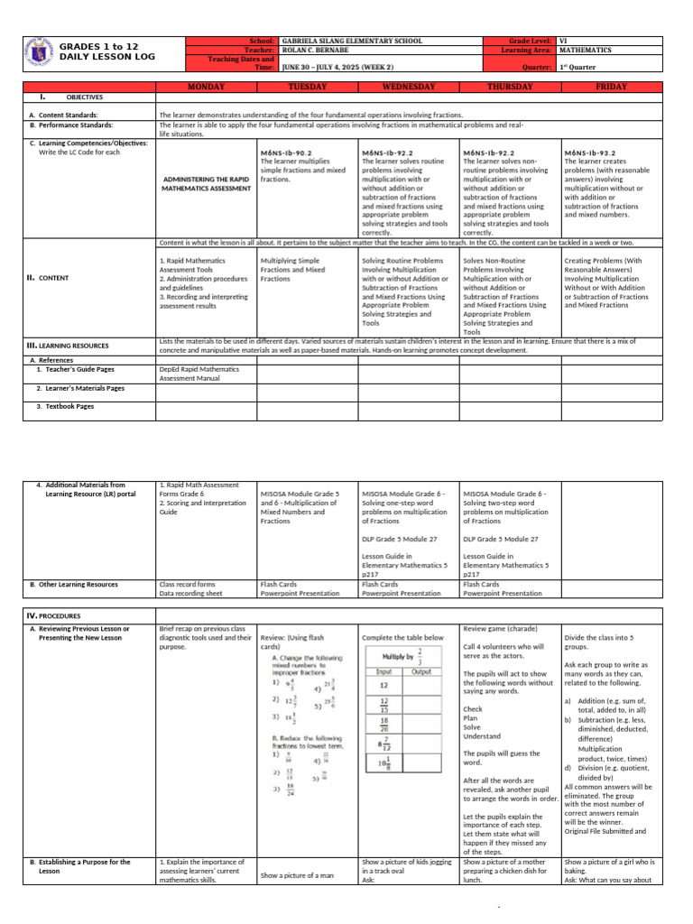 DLL Mathematics-6 Q1 W2-2025-2026 | PDF | Learning | Multiplication