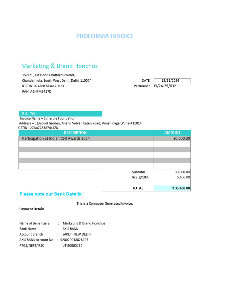 Spherule Foundation-Proforma Invoice | PDF