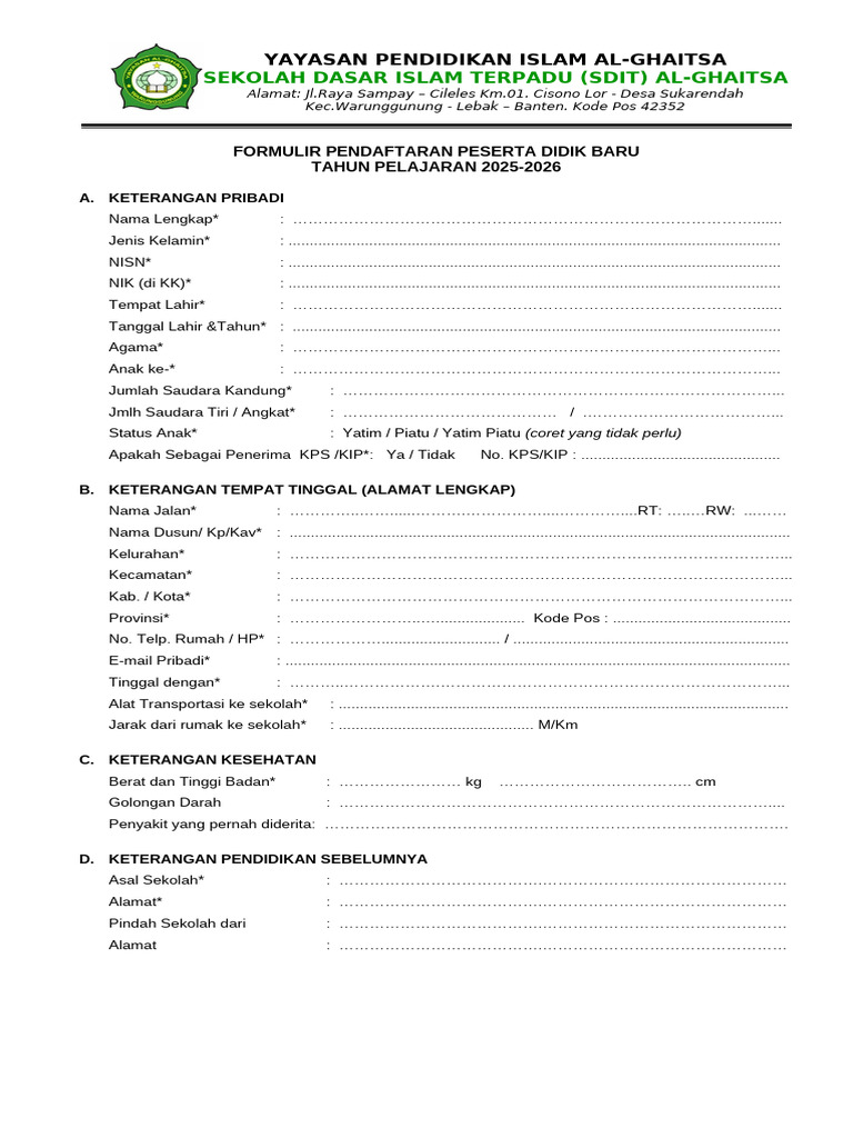 FORMULIR PPDB Sdit Alghaitsa | PDF