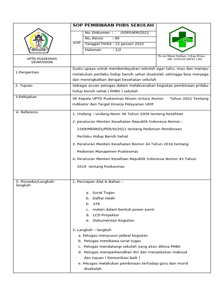 SOP Pembinaan PHBS Sekolah | PDF