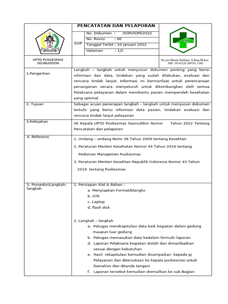 SOP Pencatatan Dan Pelaporan | PDF
