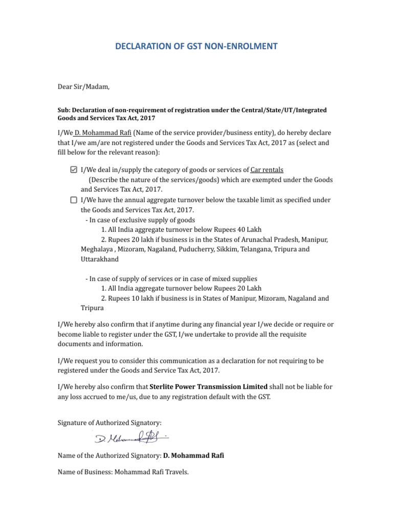 GST Non Enrolment Declaration | PDF