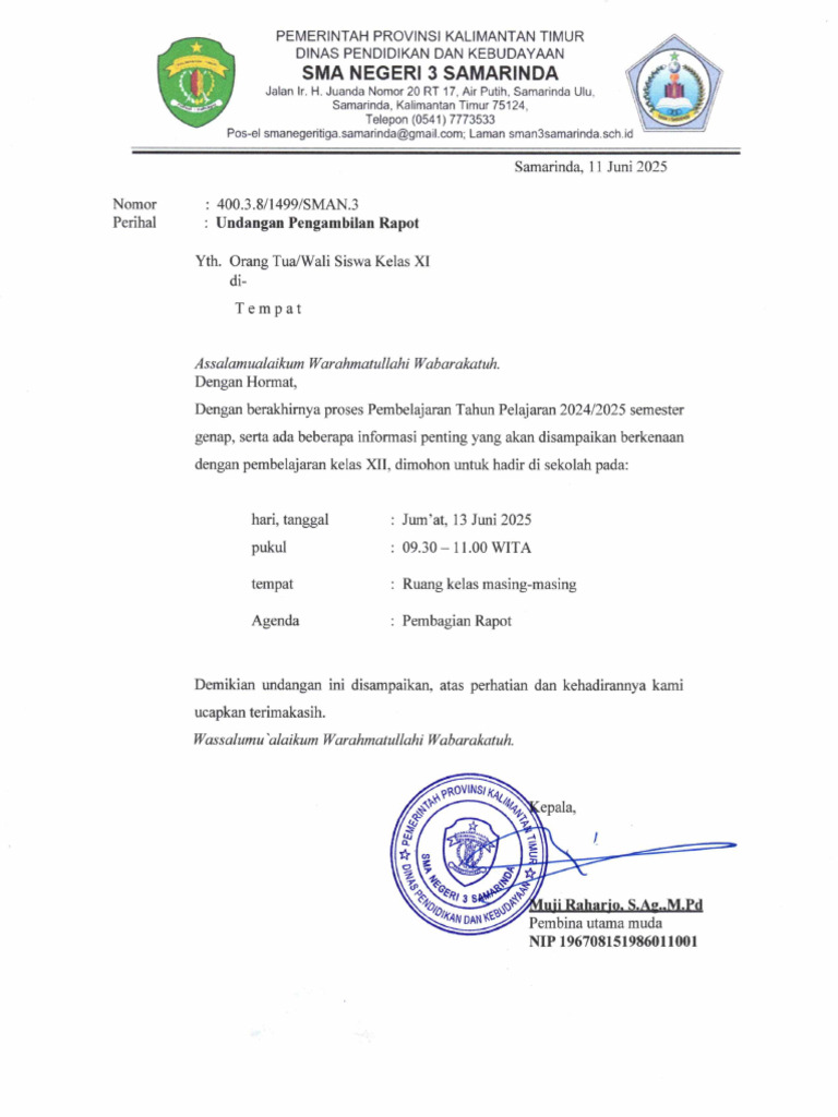 Undangan Pengambilan Rapot Kelas XI 2025 | PDF