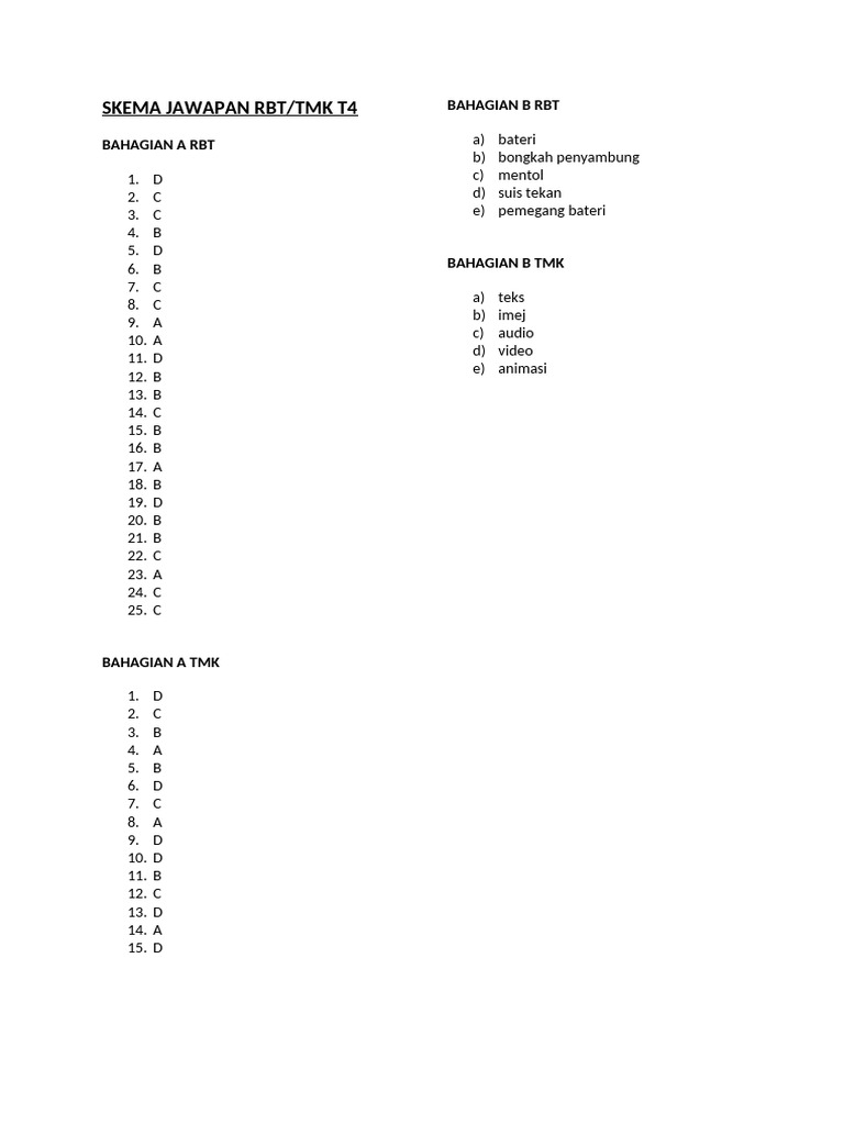 Skema Jawapan RBT TMK Pat | PDF
