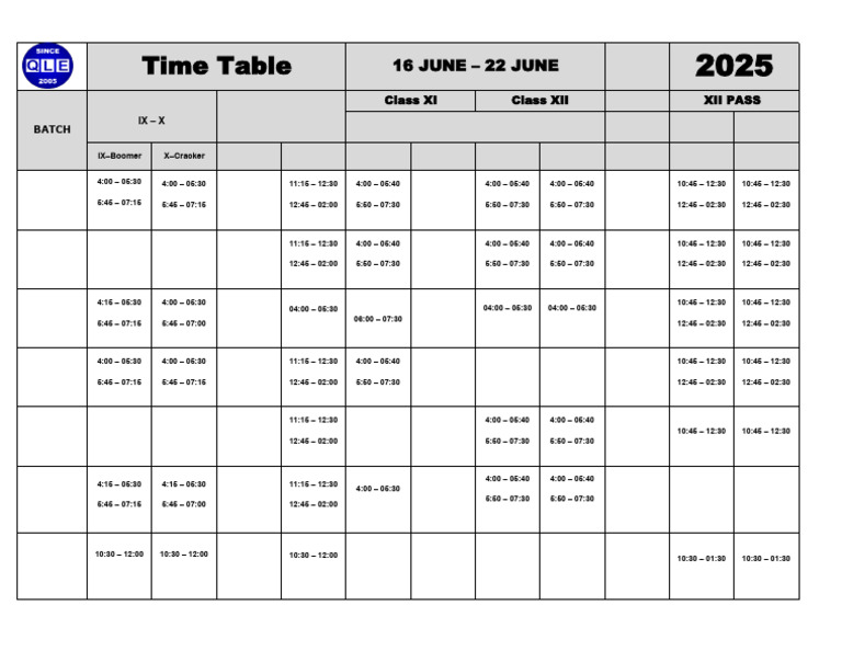 Batch Time Table 16 June To 22 June 2025. | PDF