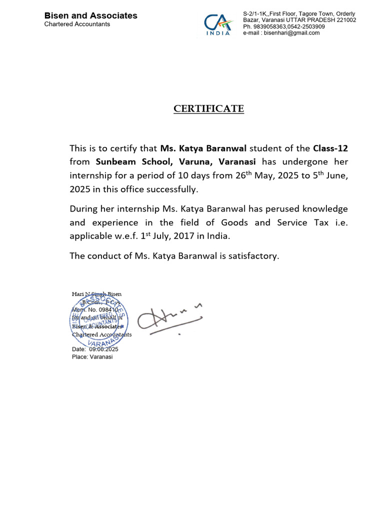 Certificate - Ms. Katya Baranwal | PDF