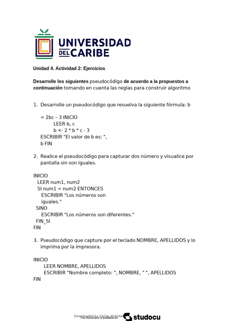 Unidad 4 Actividad 2 Ejercicios de Pseudocodigo Entregable - Organized | PDF | Algoritmos ...