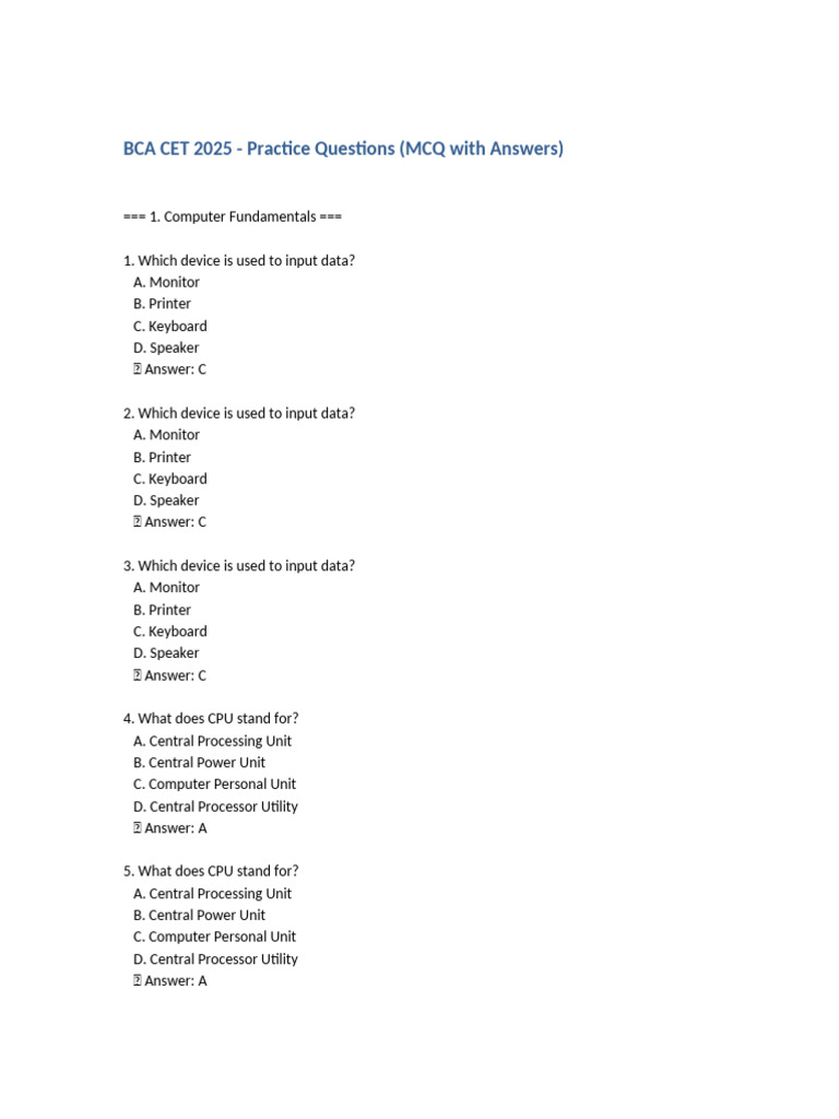 Bca Cet 2025 Mcqs All Sections | PDF | Central Processing Unit ...