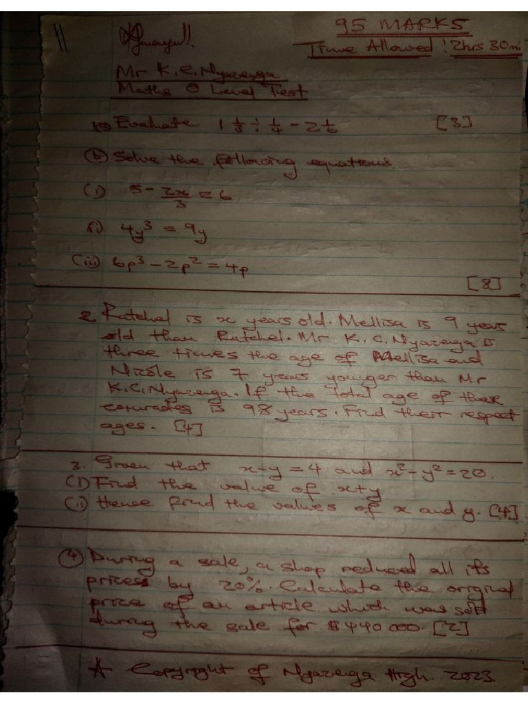 Maths O Level Test (Eureka Eureka) @MR KCN.-2-3 | PDF