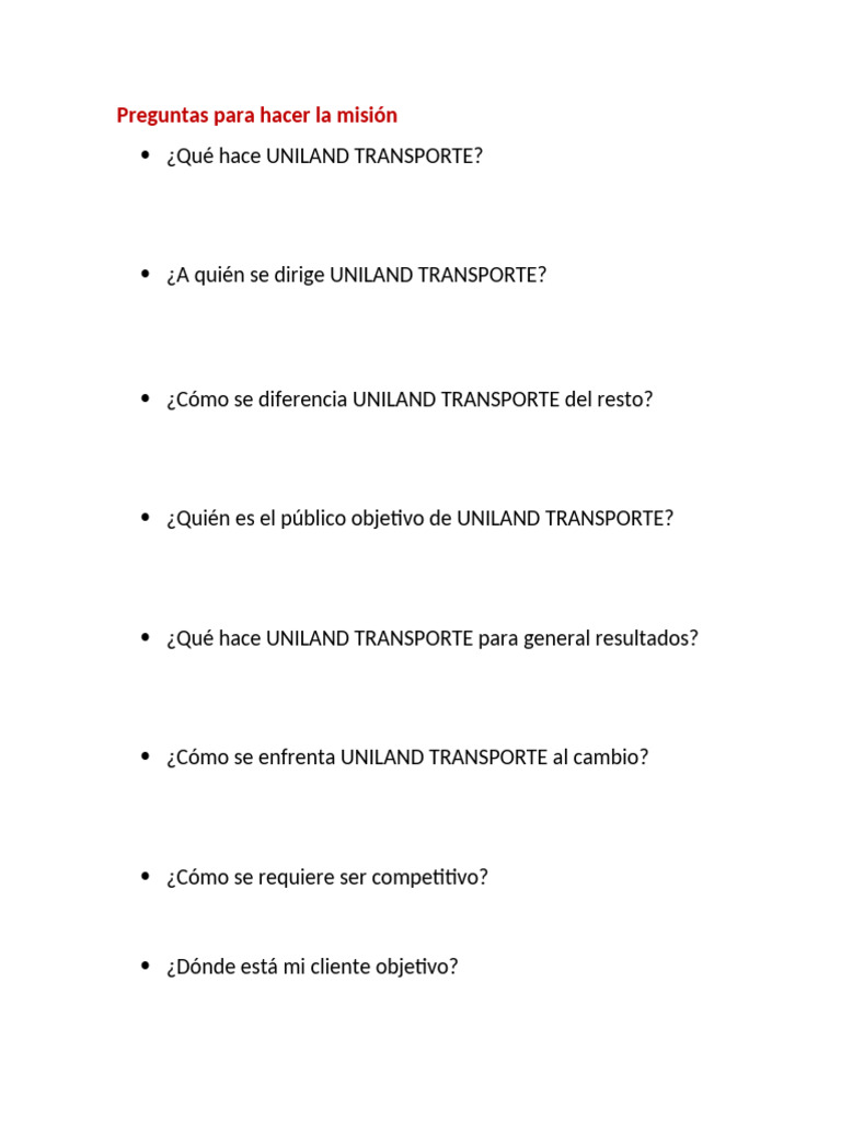 Preguntas para Hacer La Misión-Vision-Valores-UNILAND TRANSPORTE | PDF