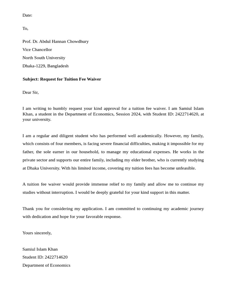 Tuition Fee Waiver Request One Page | PDF