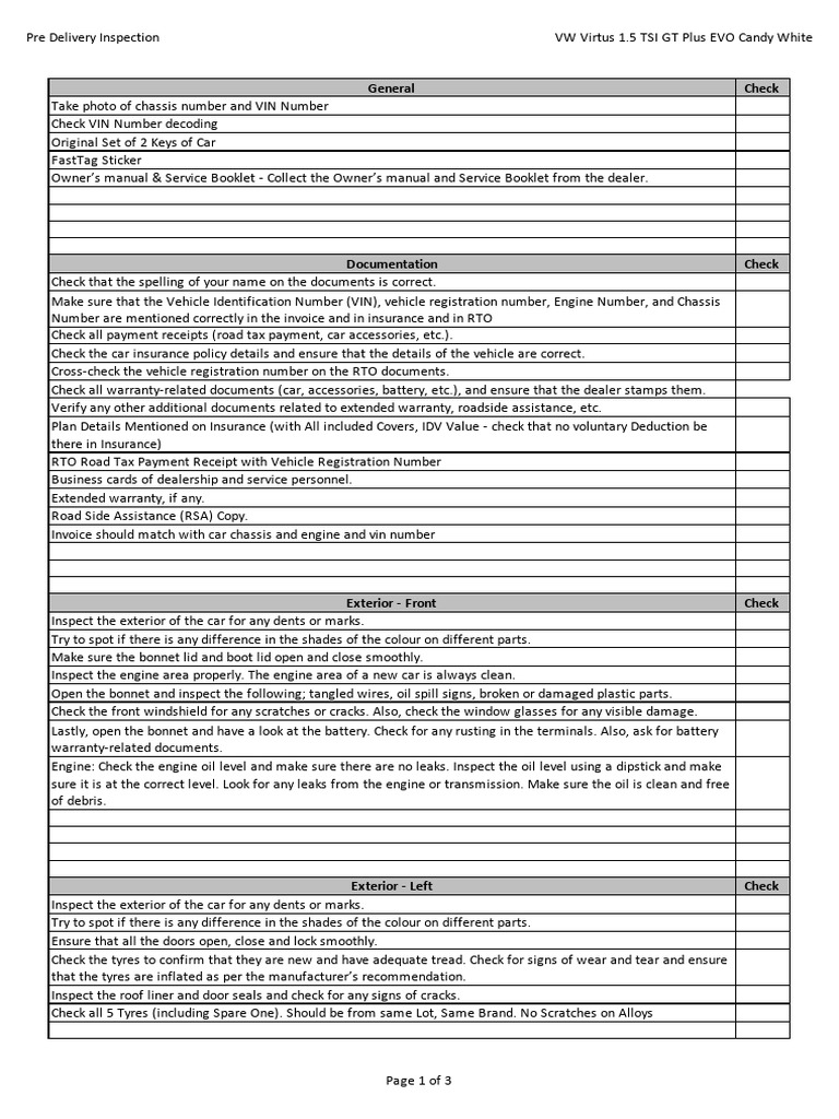 VW Virtus Pre-Delivery Inspection Guide | PDF | Car Body Styles | Transport