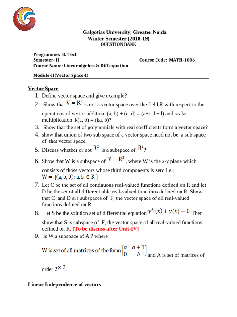 Vector Space Questions for B.Tech Students | PDF | Linear Map | Linear ...
