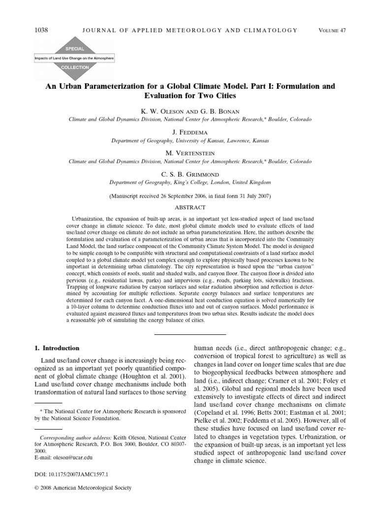 An Urban Parameterization For A Global Climate Model. Part I ...
