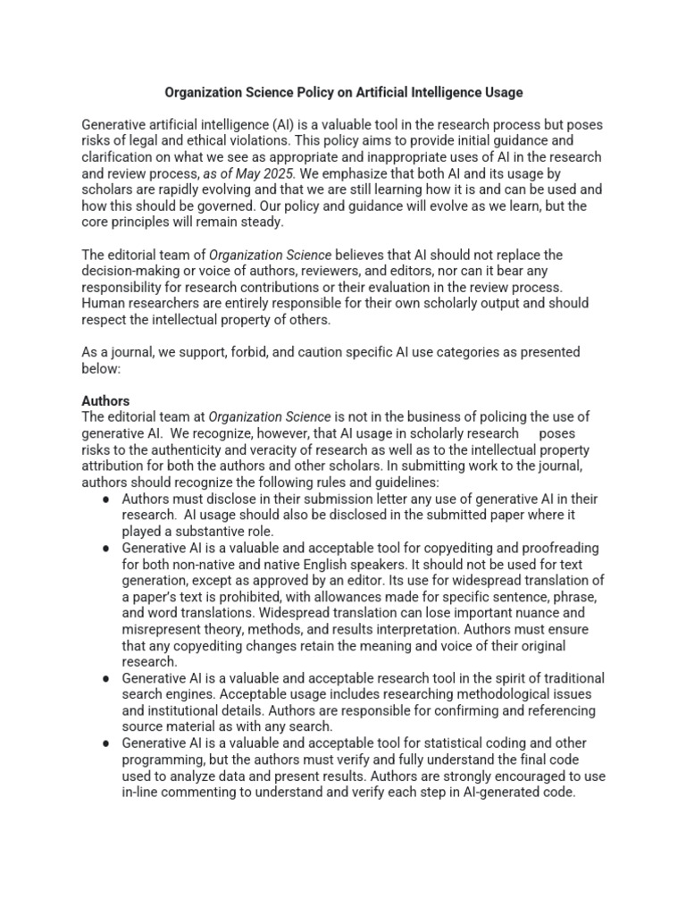 AI Usage Policy for Organization Science | PDF | Artificial ...