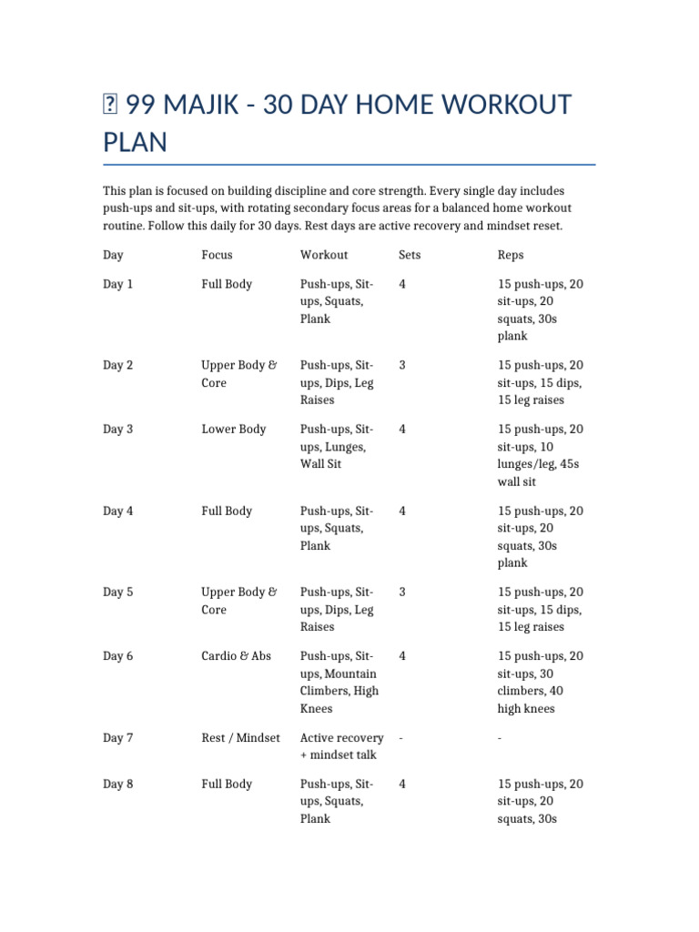 99majik 30day Workout Plan | PDF | Weight Training | Sports Science