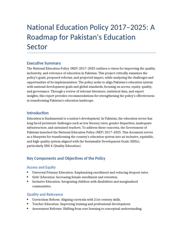 National Education Policy 2017 2025 Project | PDF | Education Policy