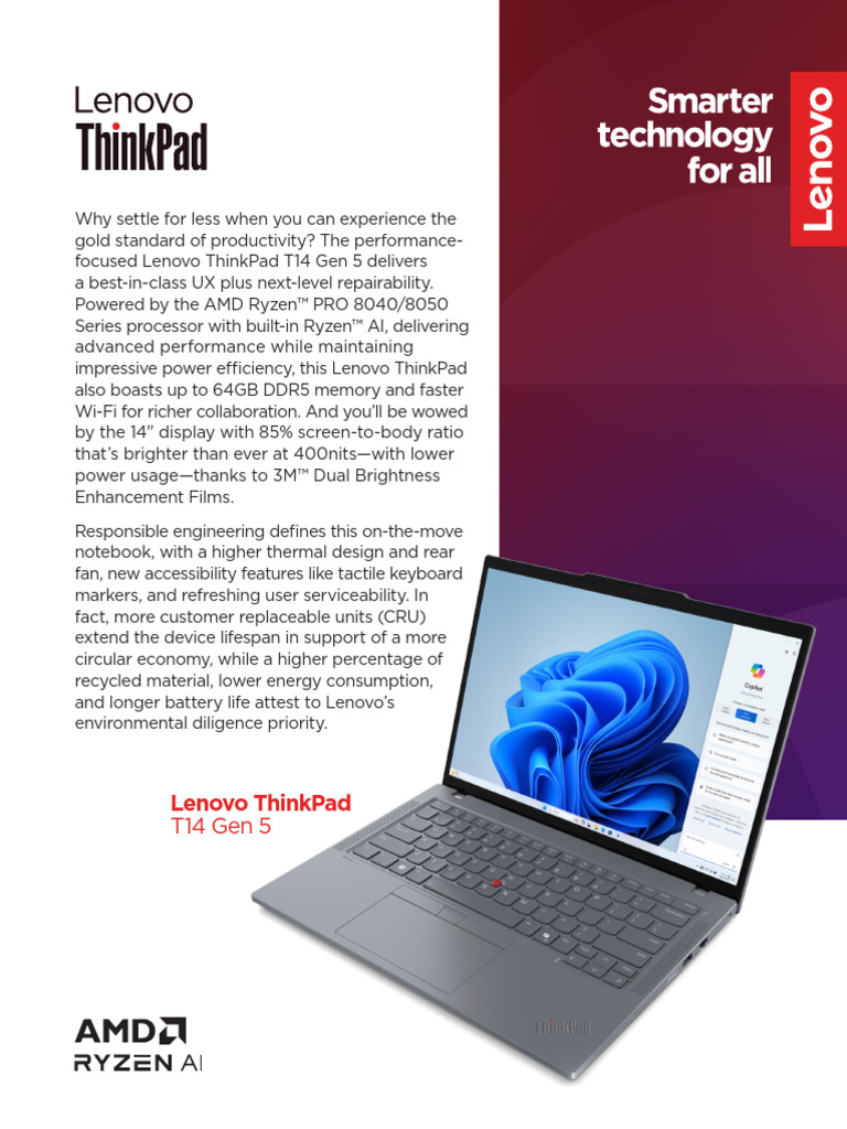 ThinkPad T14 Gen 5: Specs & Weight | PDF | Lenovo | Computing