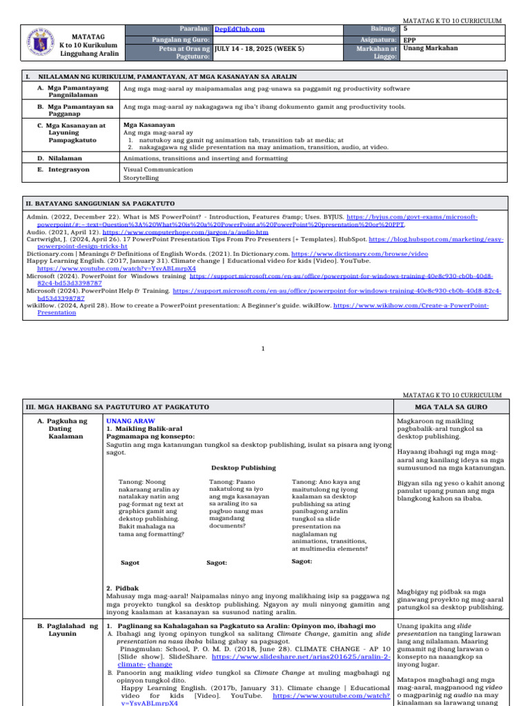 DLL Matatag - Epp 5 q1 w5 | PDF
