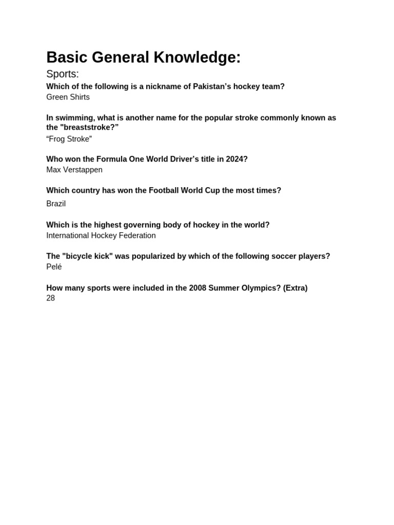 Basic General Knowledge:: Sports | PDF