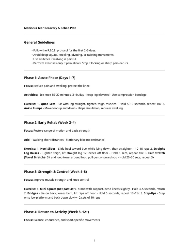 Meniscus Tear Rehab Guidelines and Exercises | PDF