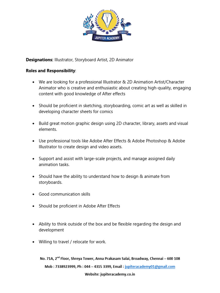 2D Animator Job Opportunity at Jupiter Academy | PDF