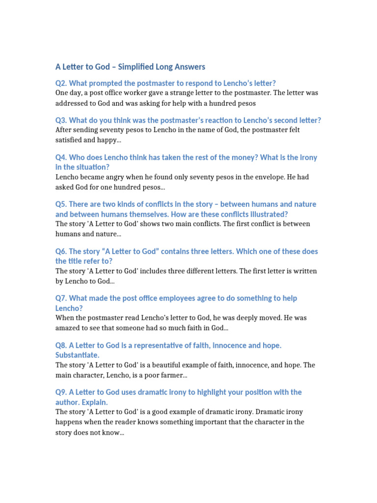 A Letter To God Long Answers Simplified | PDF