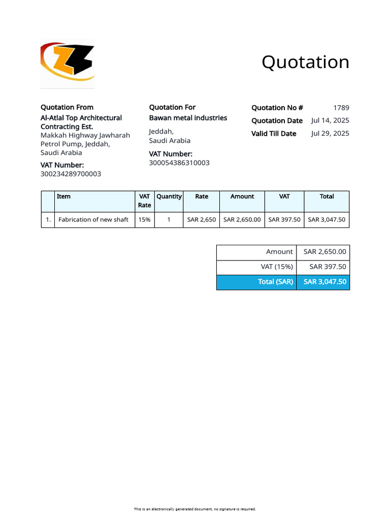 Quotation 1789 Al Atlal Top Architectural Contracting Est Bawan Metal ...