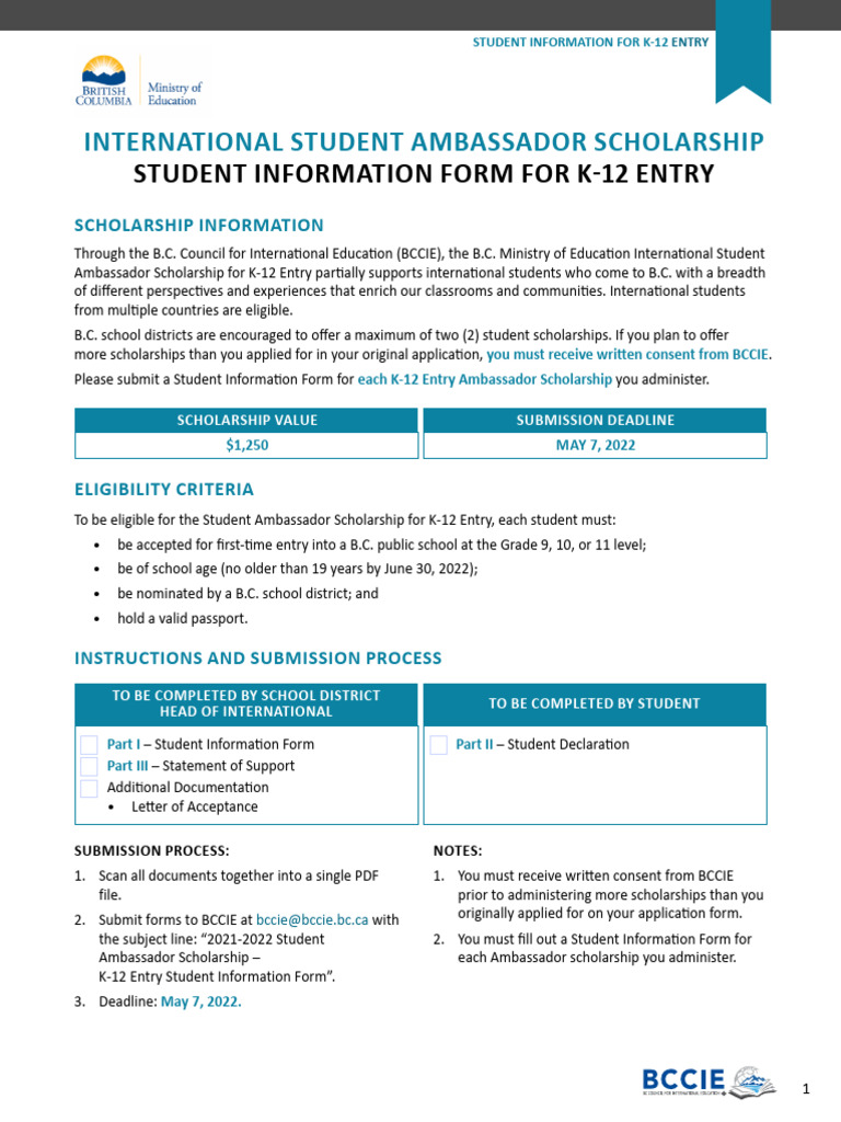 K-12 International Student Scholarship Form | PDF | Government And ...