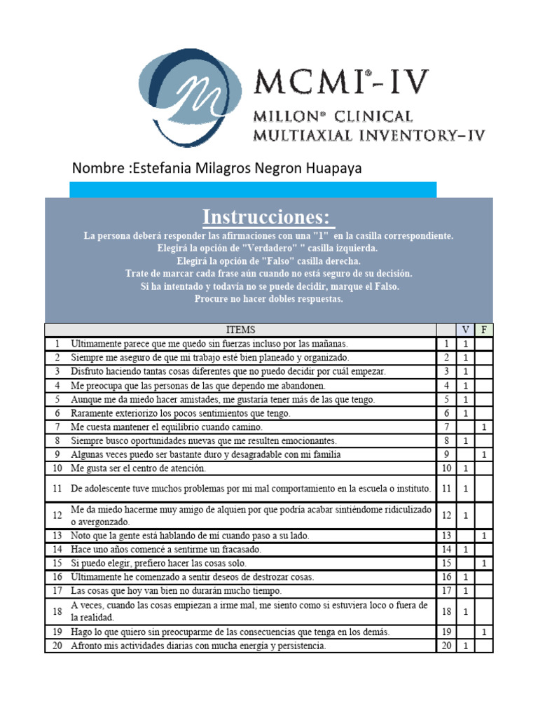 Libre MCMI IV Inventario Cli Nico Multiaxial de Millon XLSX Sin Contra 1 | PDF | Narcisismo ...