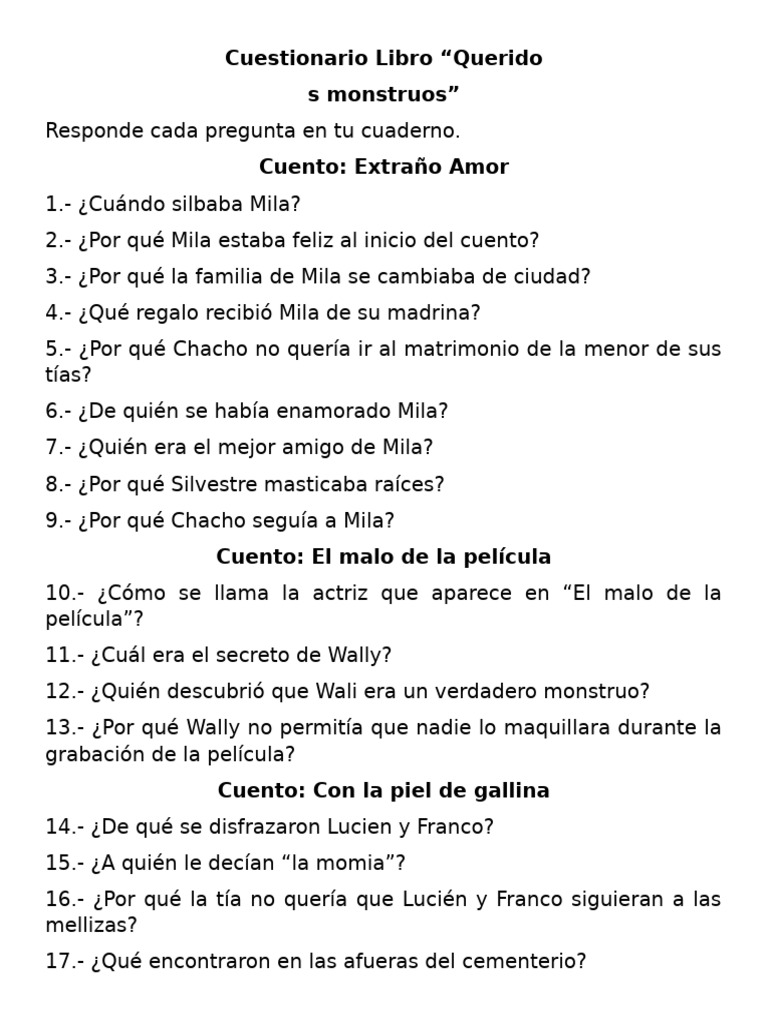 Cuestionario Libro Queridos Monstruos | PDF
