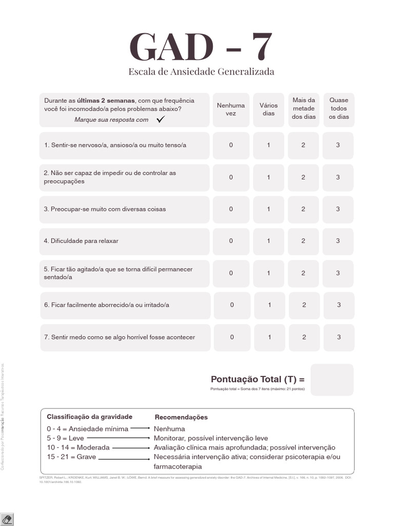 GAD-7 Escala de Ansiedade Generalizada | PDF | Ansiedade | Doenças e ...
