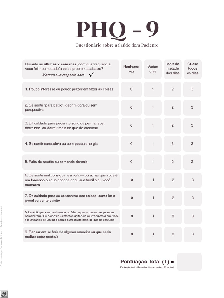PHQ-9 Questionário Sobre A Saúde Do Paciente | PDF | Psicoterapia