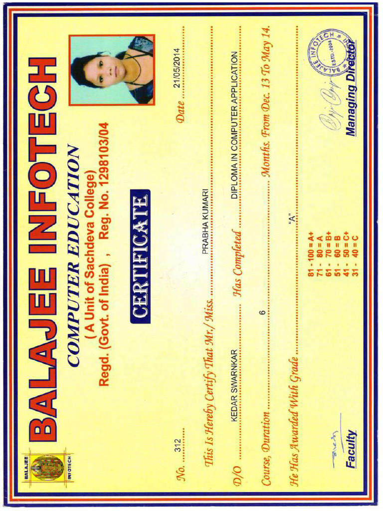 Balajee Infotech Computer Certificate | PDF