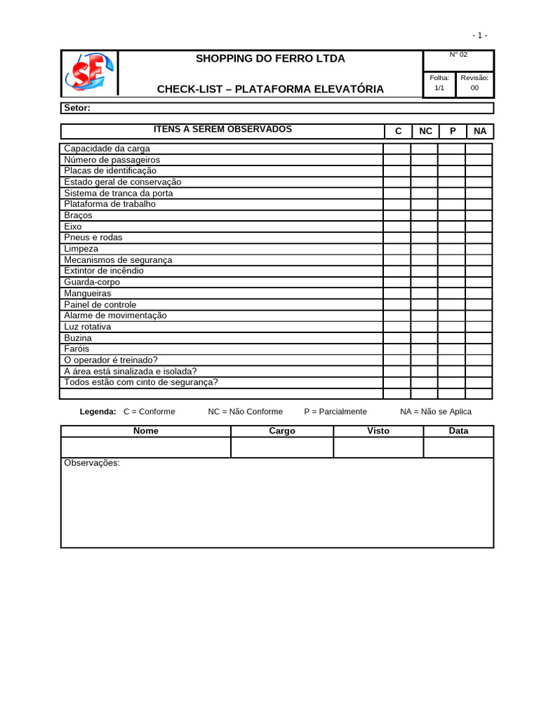 Check List Plataforma Elevatória | PDF