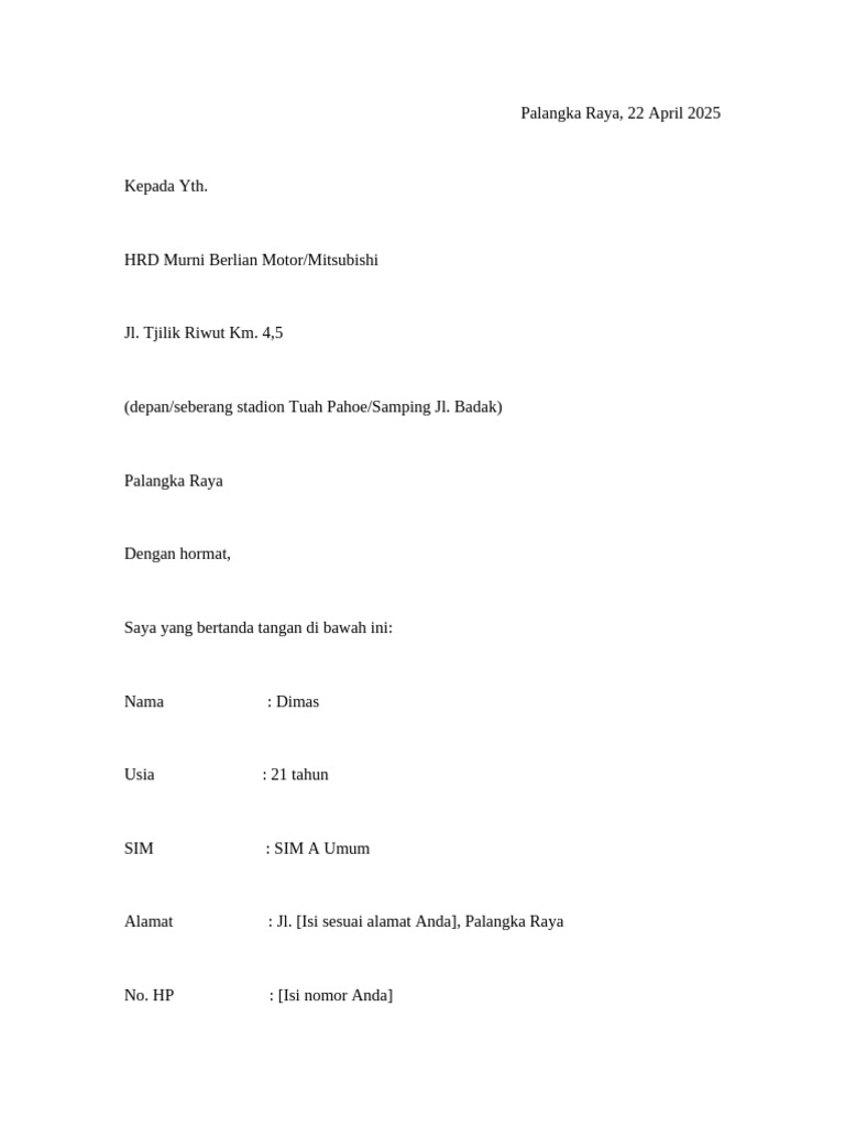 Surat Lamaran Dimas Terformat | PDF