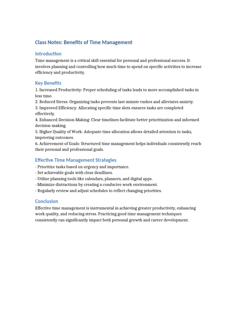 Time Management Class Notes | PDF