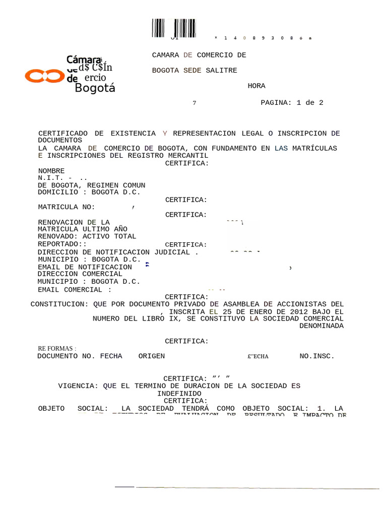 Certificado de Existencia y Representacion Legal | PDF | Sociedad de responsabilidad limitada ...
