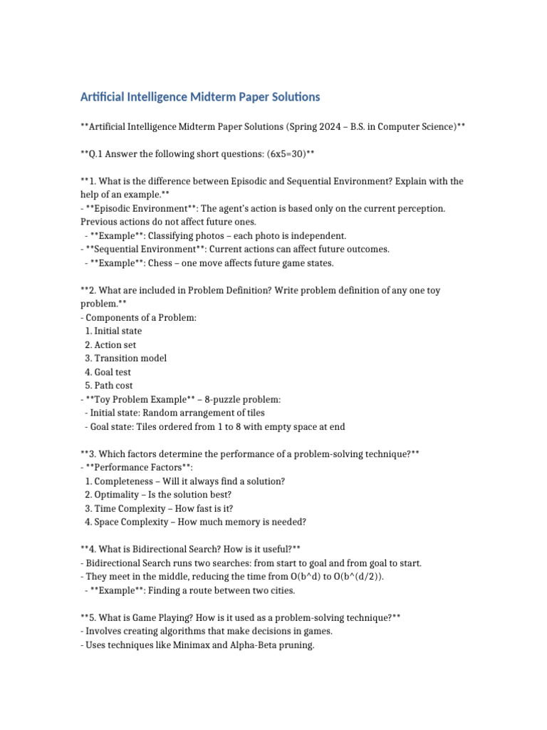 AI Midterm Paper Solutions | PDF | Artificial Intelligence | Intelligence (AI) & Semantics