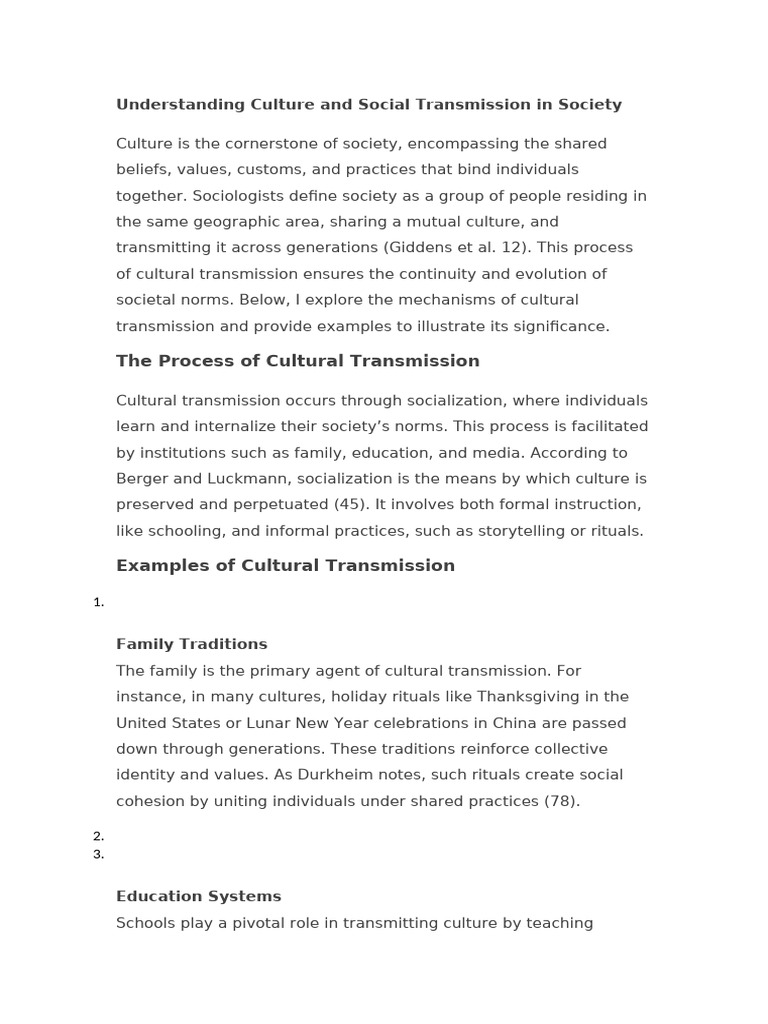 Cultural Transmission in Society Explained | PDF | Traditions ...