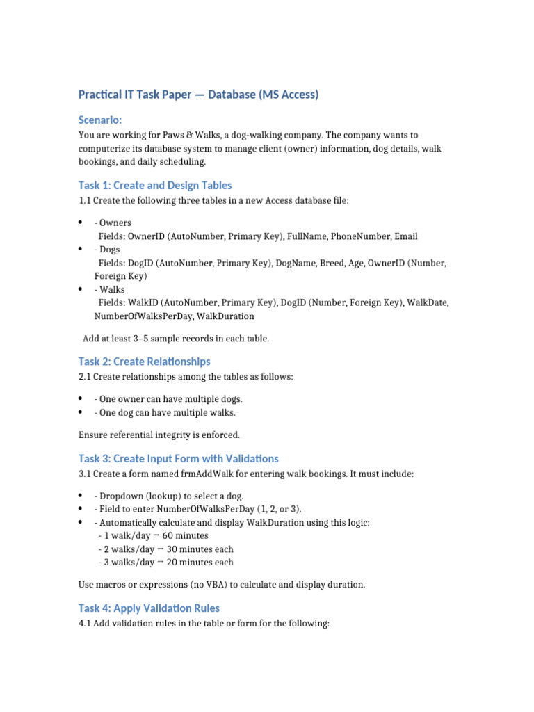 MS Access Database Design for Dog Walking | PDF
