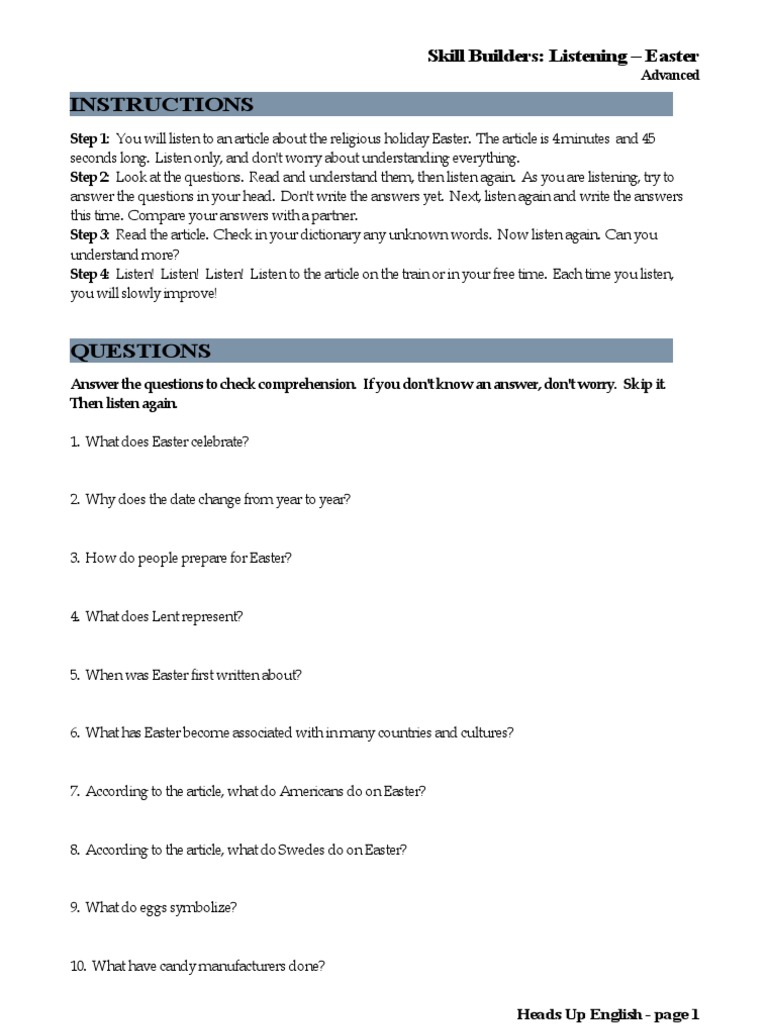 Instructions: Skill Builders: Listening - Easter | PDF | Easter ...