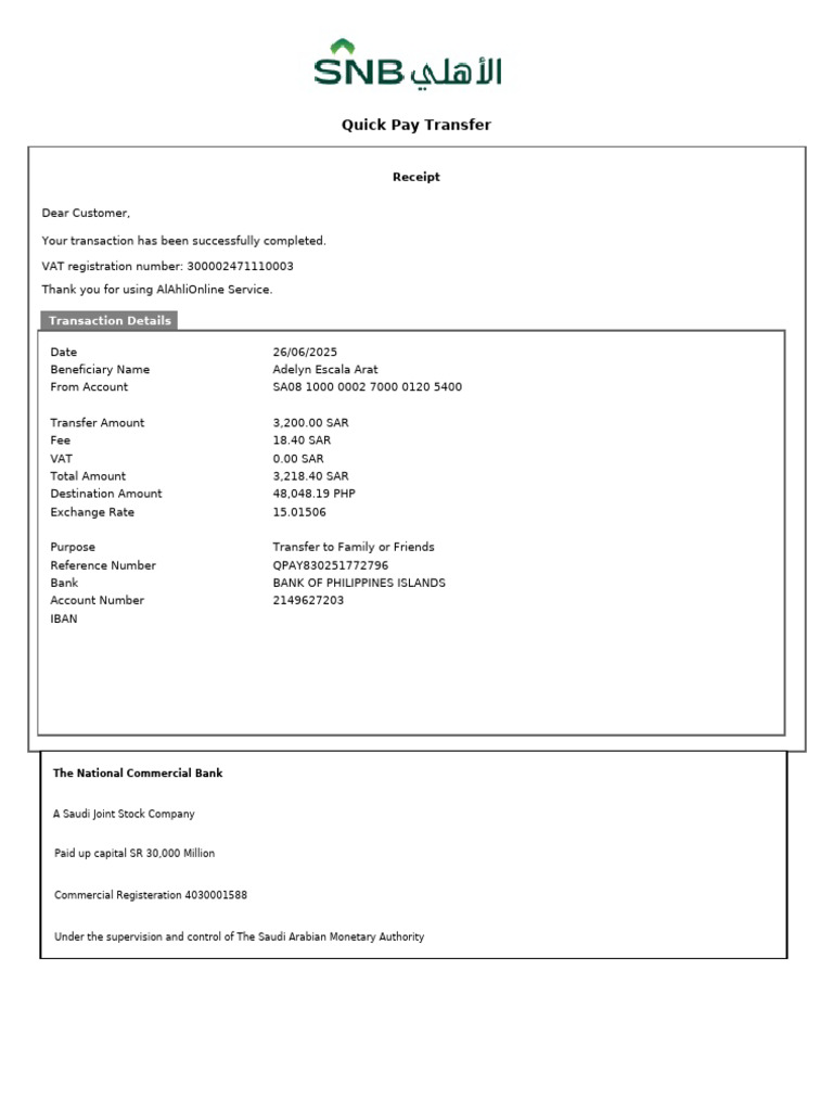 Quick Pay Transfer Receipt Details | PDF