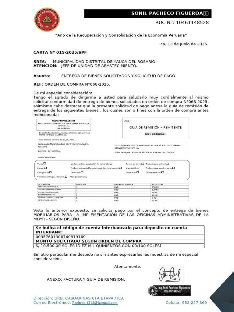 CARTA #011-2025 - SPF - Solicitud de Contrato o Documento de Sustento de Consultoria | PDF