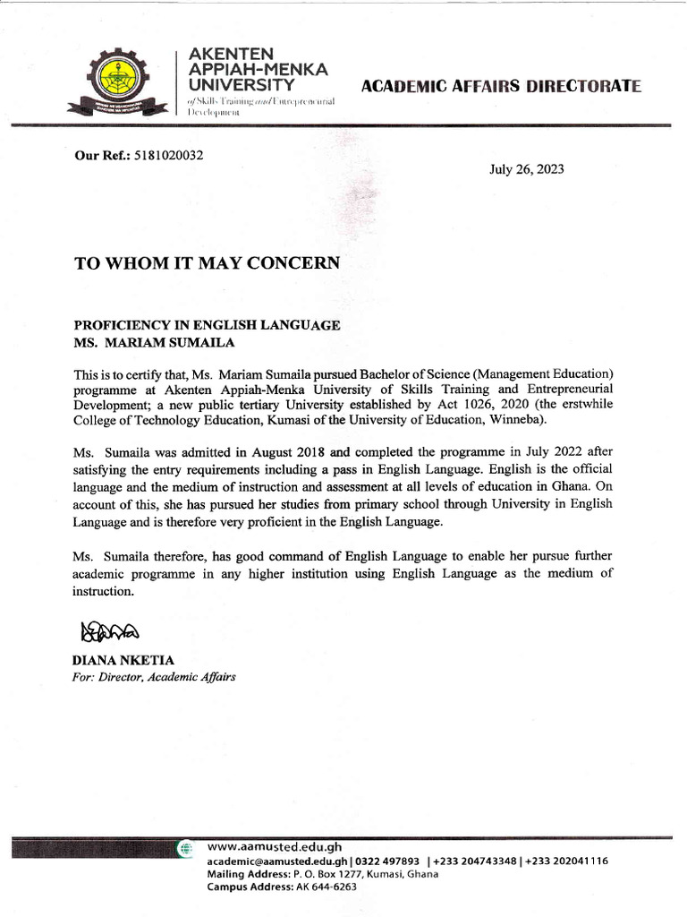 English Proficiency Certificate for Ms. Sumaila | PDF