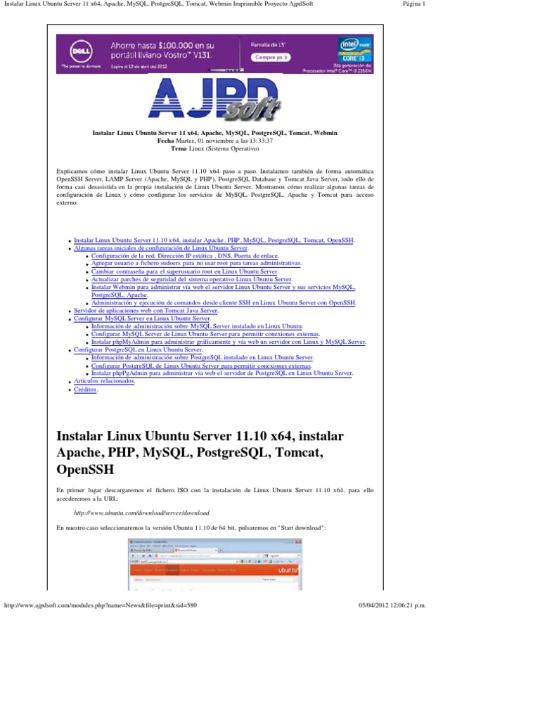 Instalar Linux Ubuntu Server 11 X64 Apache Mysql Postgresql Tomcat Webmin Imprimible